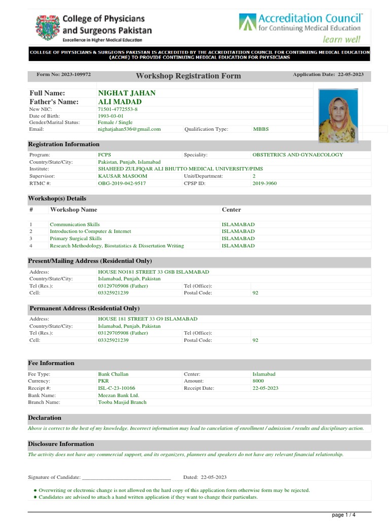 Workshop Registration Form: Nighat Jahan Ali Madad | PDF
