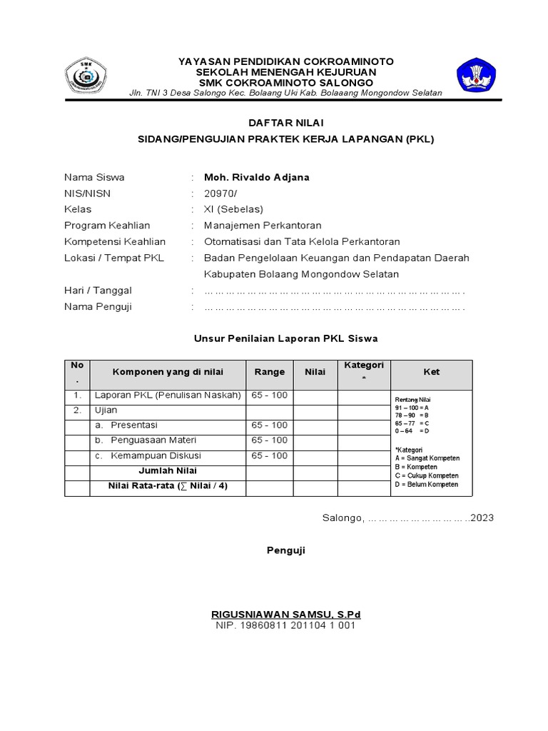 Daftar Nilai Sidang PKL | PDF