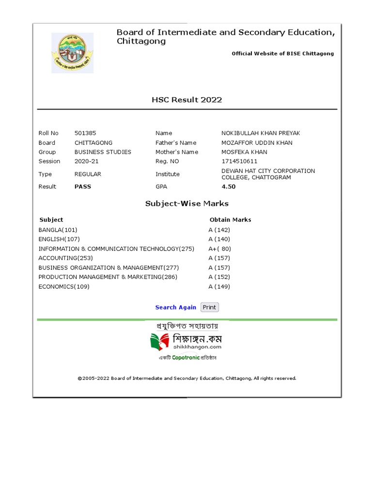 Board of Intermediate and Secondary Education, Chittagong: HSC Result 2022 | PDF