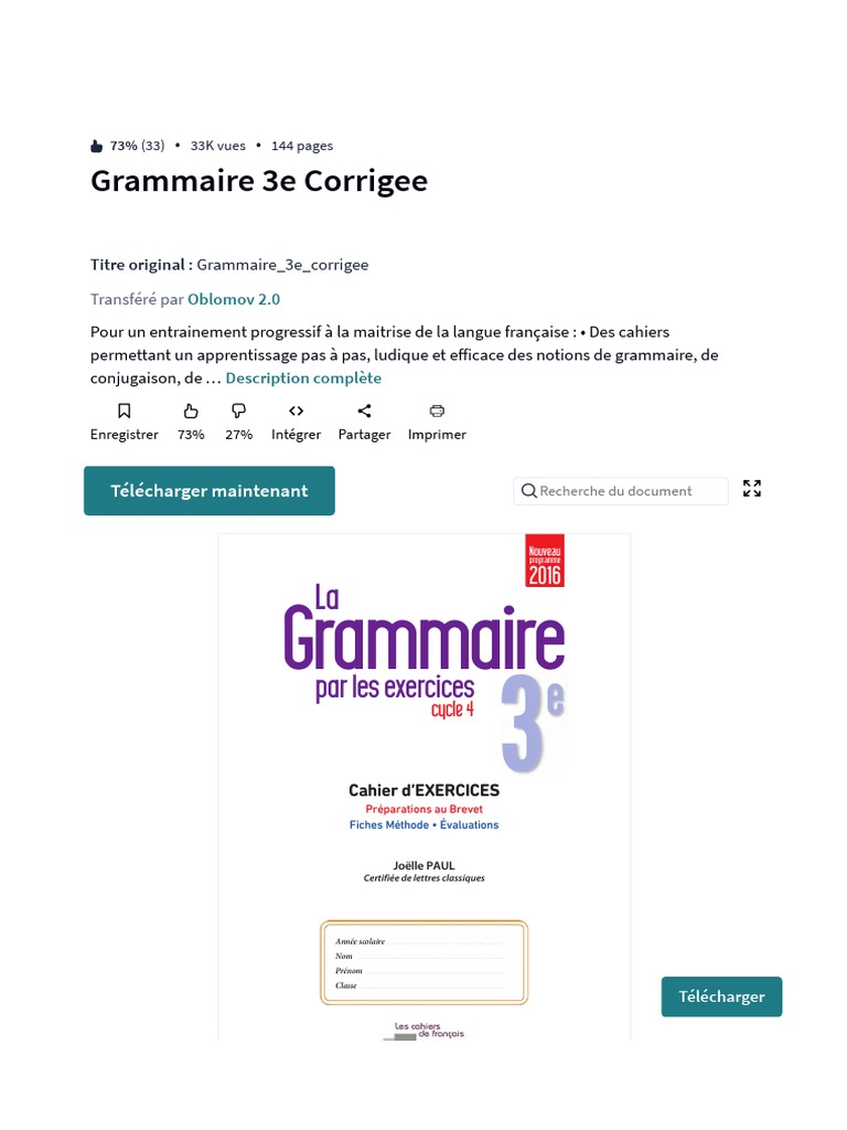 Grammaire 3e : Cahier d'exercices corrigés | PDF | Phrase | Sujet ...