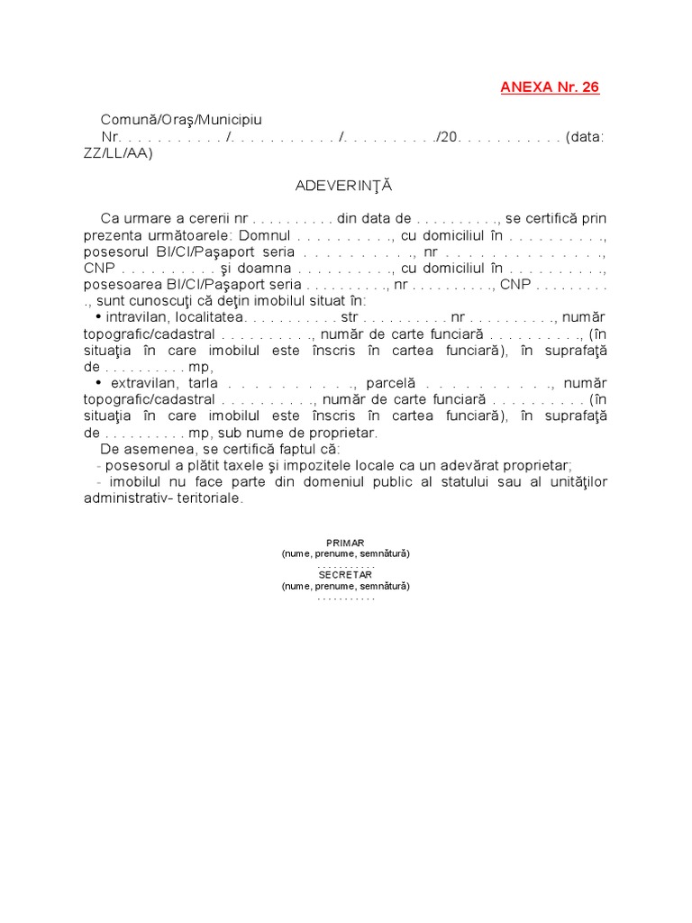 Anexa 26 Adeverinta de Posesie | PDF Anexa 26 Adeverinta de Posesie | PDF