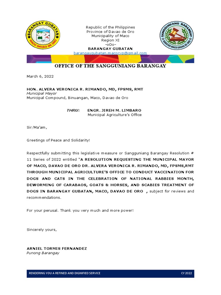 Letter Transmittal of Barangay Resolutions | PDF