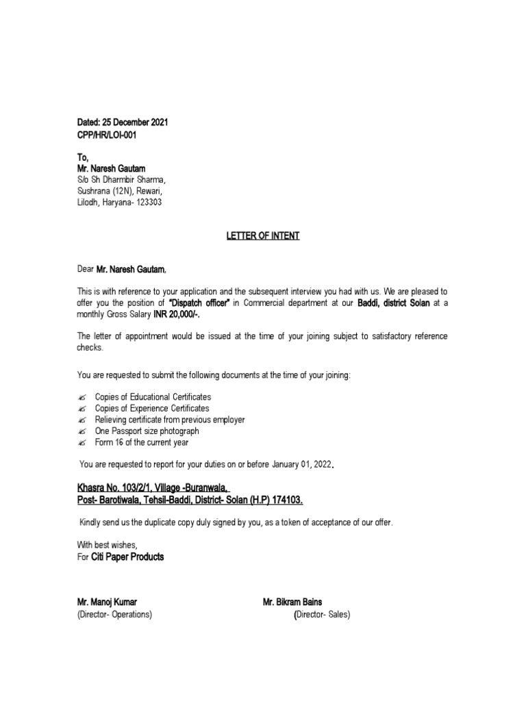 Letter of Intent | PDF