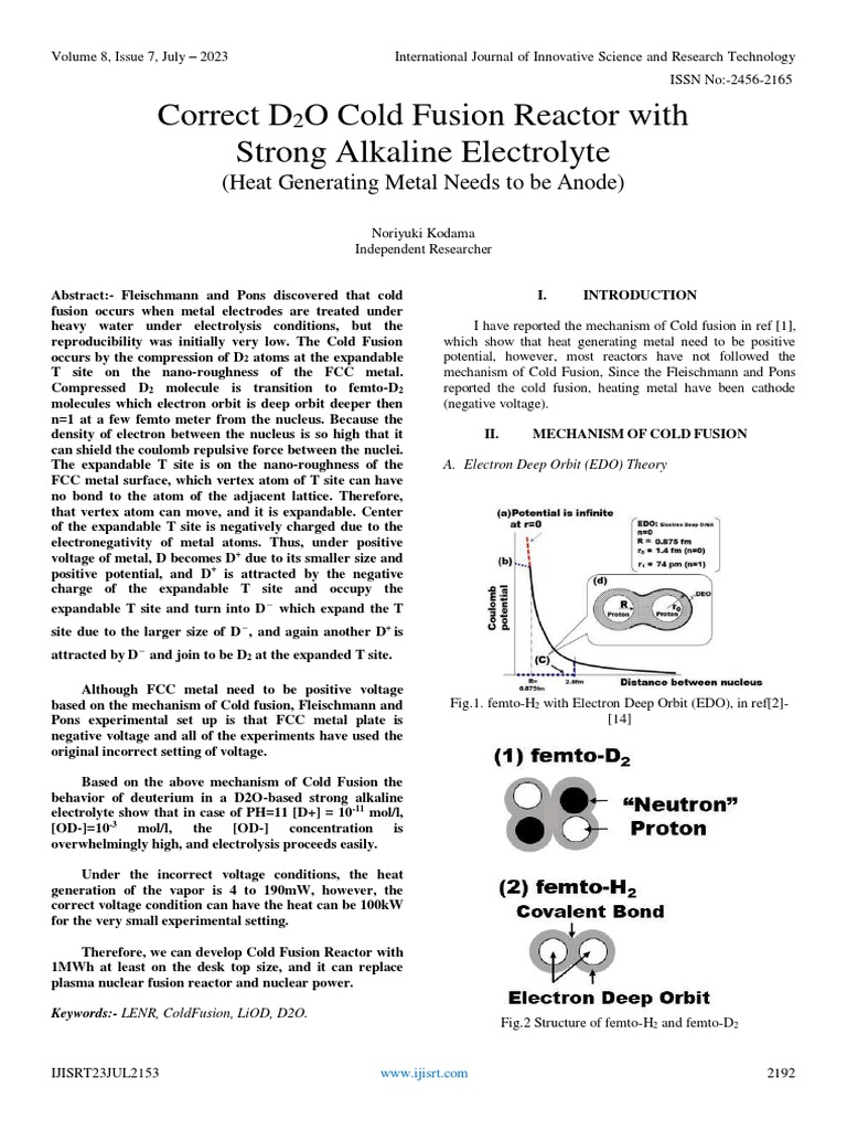 Correct D2O Cold Fusion Reactor With Strong Alkaline Electrolyte | PDF