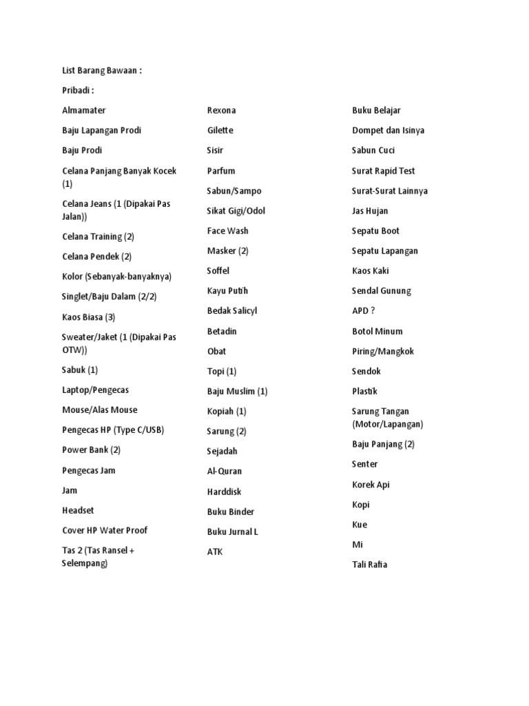 List Barang Bawaan Magang | PDF