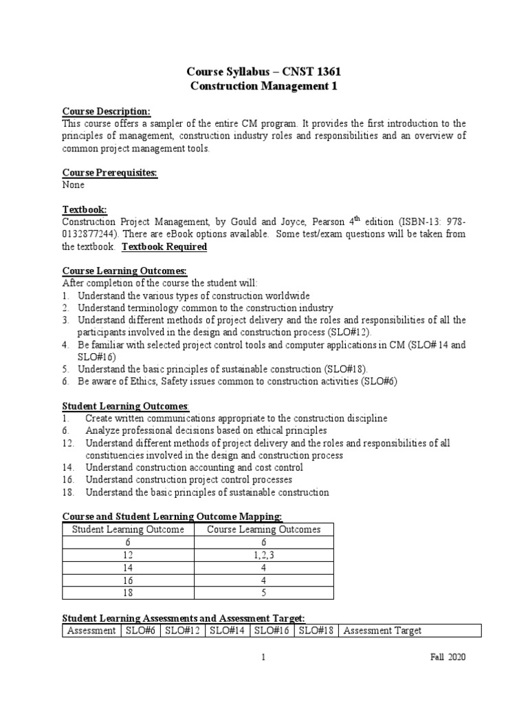Course Syllabus - CNST 1361 Construction Management 1 | PDF | Academic Dishonesty | Multiple Choice