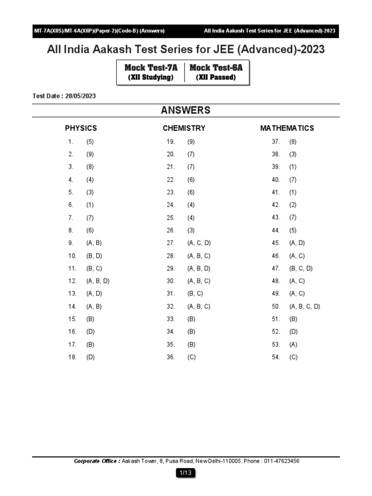 AIATS - JEE (A) 2023 - Mock Test-7A (SS) & 6A (PS) - P-2 - Code-B - SOL ...