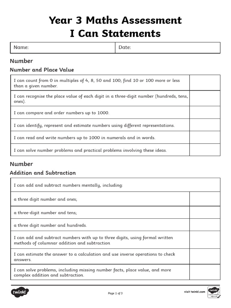 t2 M 4212 Year 3 Maths Assessment I Can Statements Checklist - Ver - 1 ...