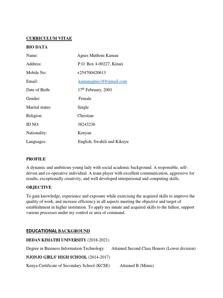 Agnes CV | PDF | Kenya | Schools