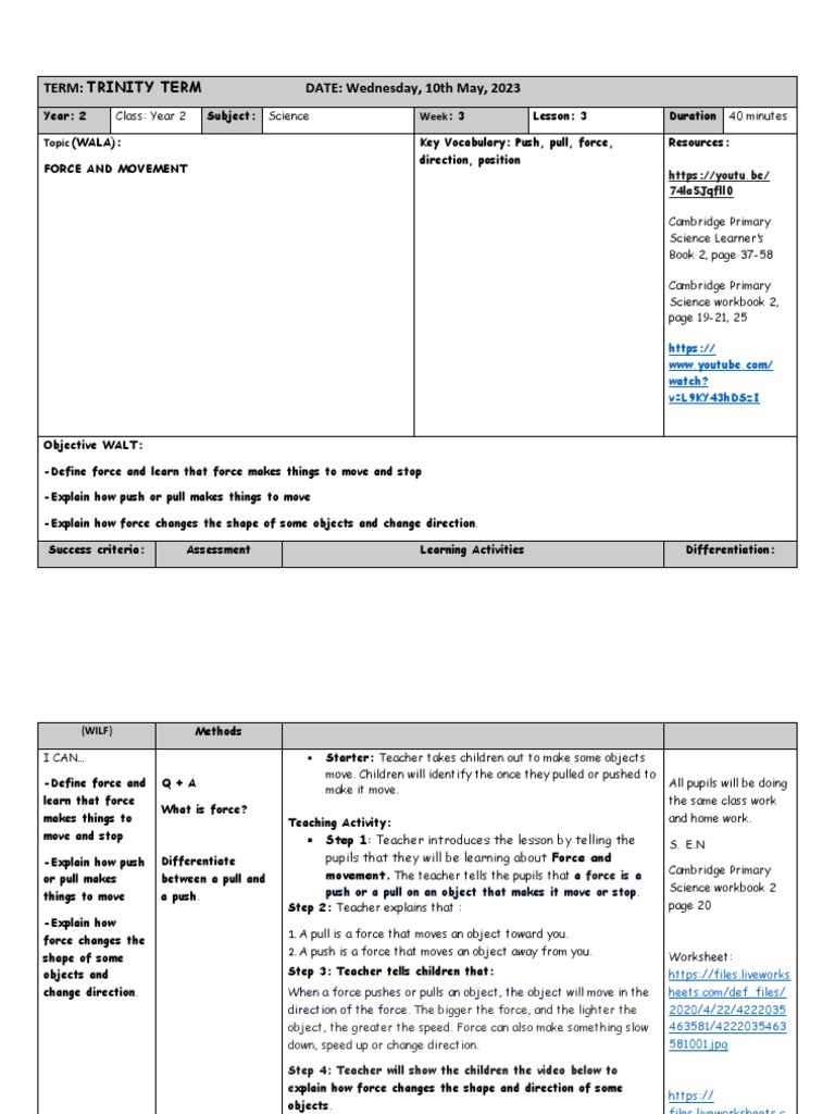 Force and Movement Lesson Plan | PDF | Teachers | Pedagogy