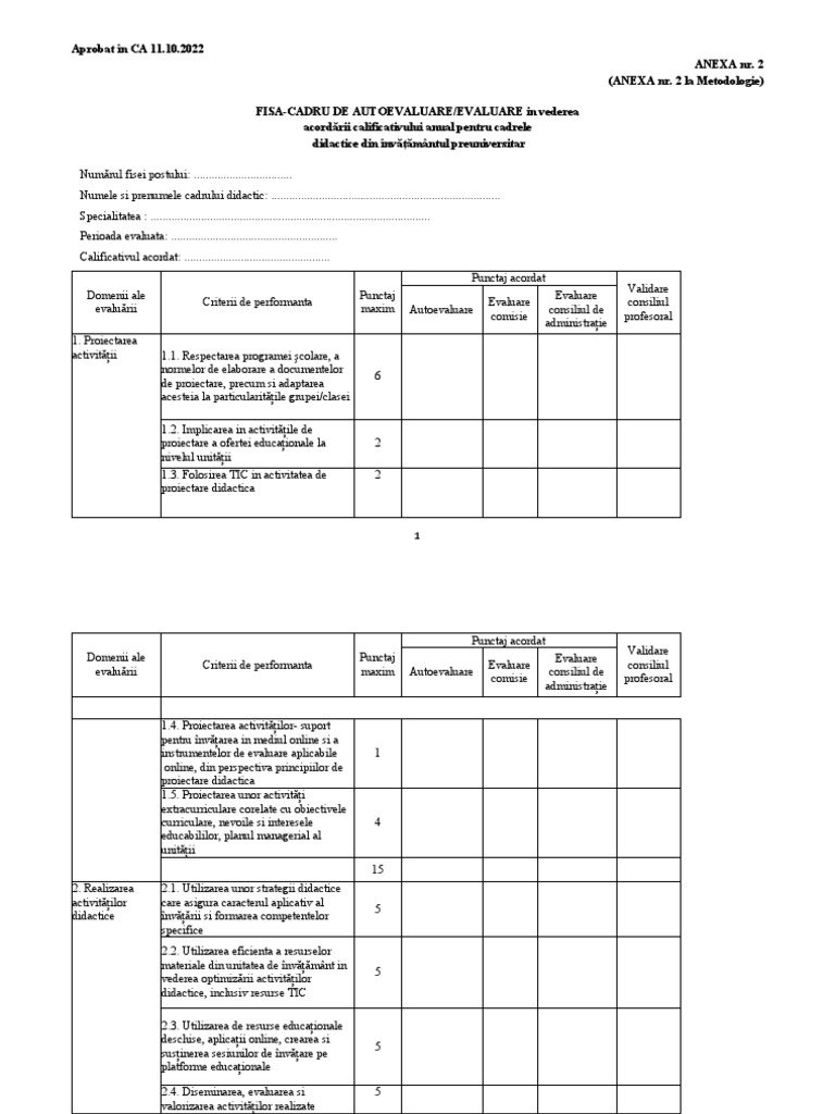 Fisa de Autoevaluare Cadre Didactice - 2022-2023 | PDF