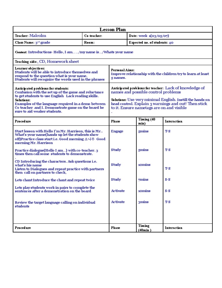 3rd Grade English Lesson Plan: Introductions | PDF | Lesson Plan | Teachers