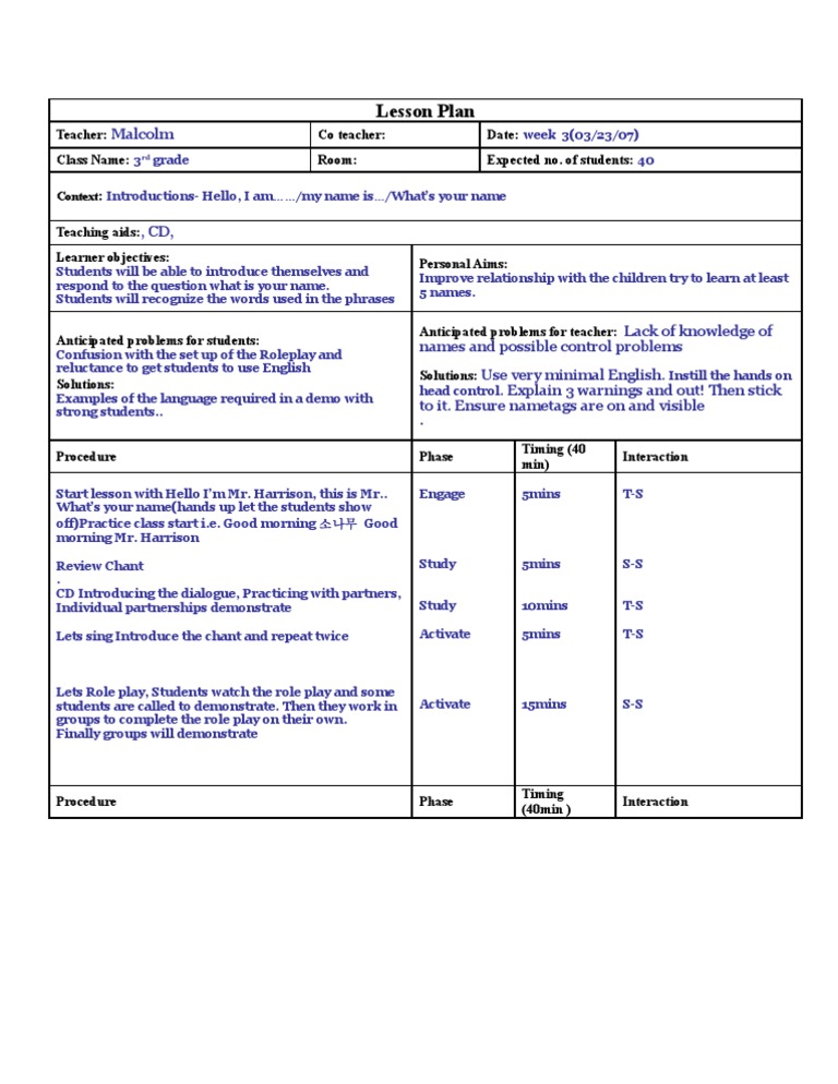 3rd Grade Self-Introduction Lesson Plan | PDF | Lesson Plan | Teachers