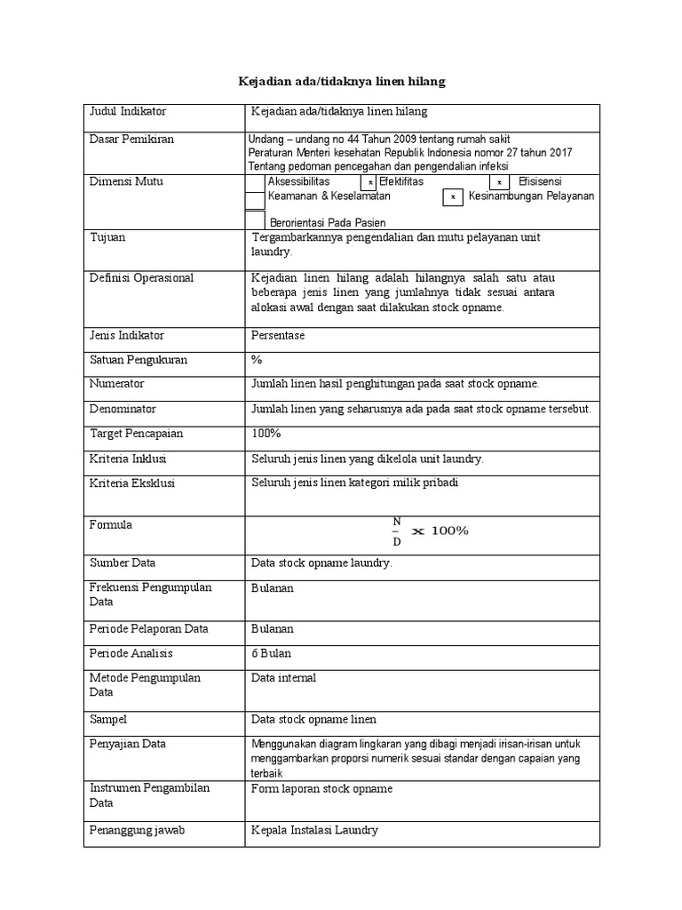 Indikator Laundry Linen Hilang | PDF | Bisnis | Pengelolaan Keuangan & Uang
