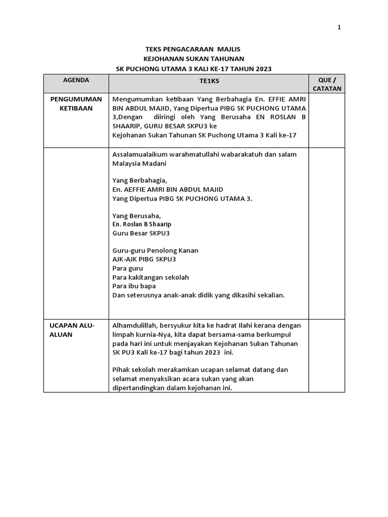 Teks MC Sukan Tahunan Skpu3 2023 | PDF