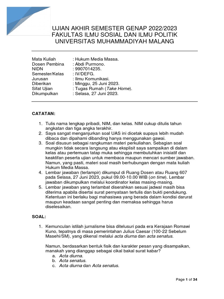 Soal UAS HMM Semester Genap 2022-2023 | PDF