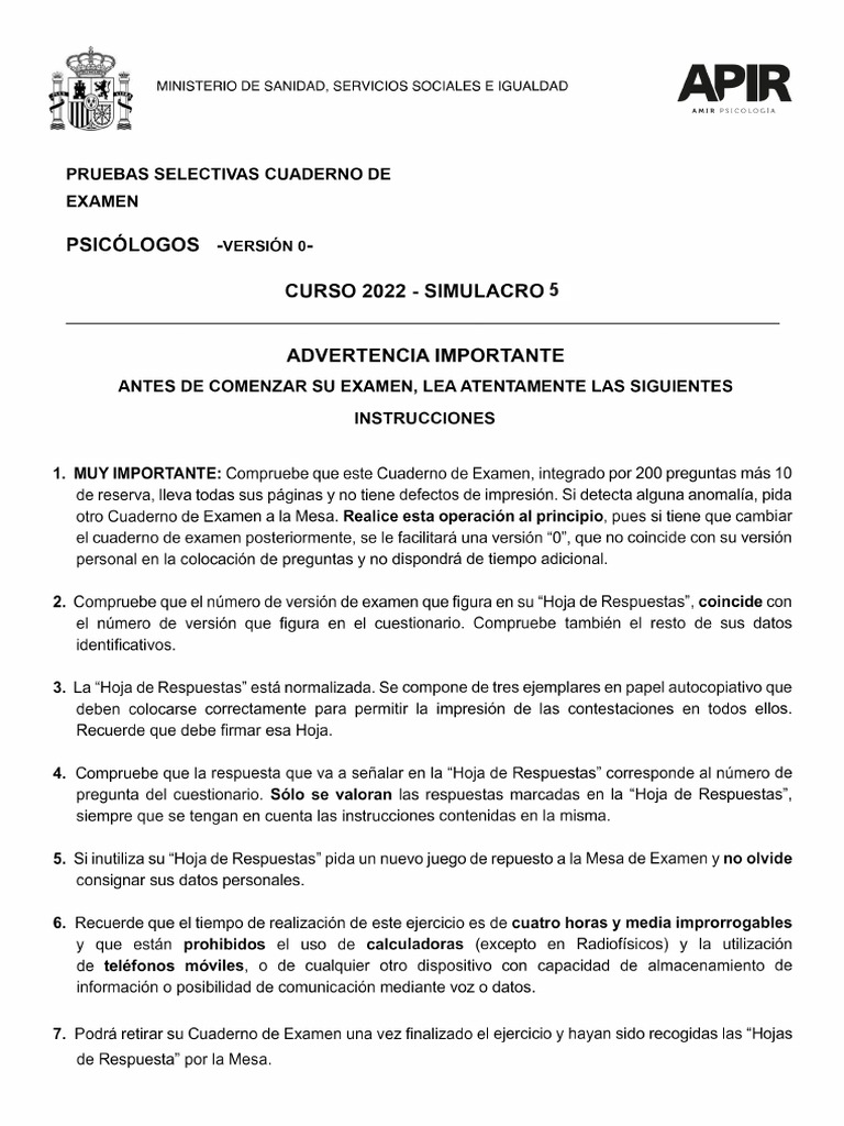 Simulacro 5 Apir 2022 Comentado | PDF