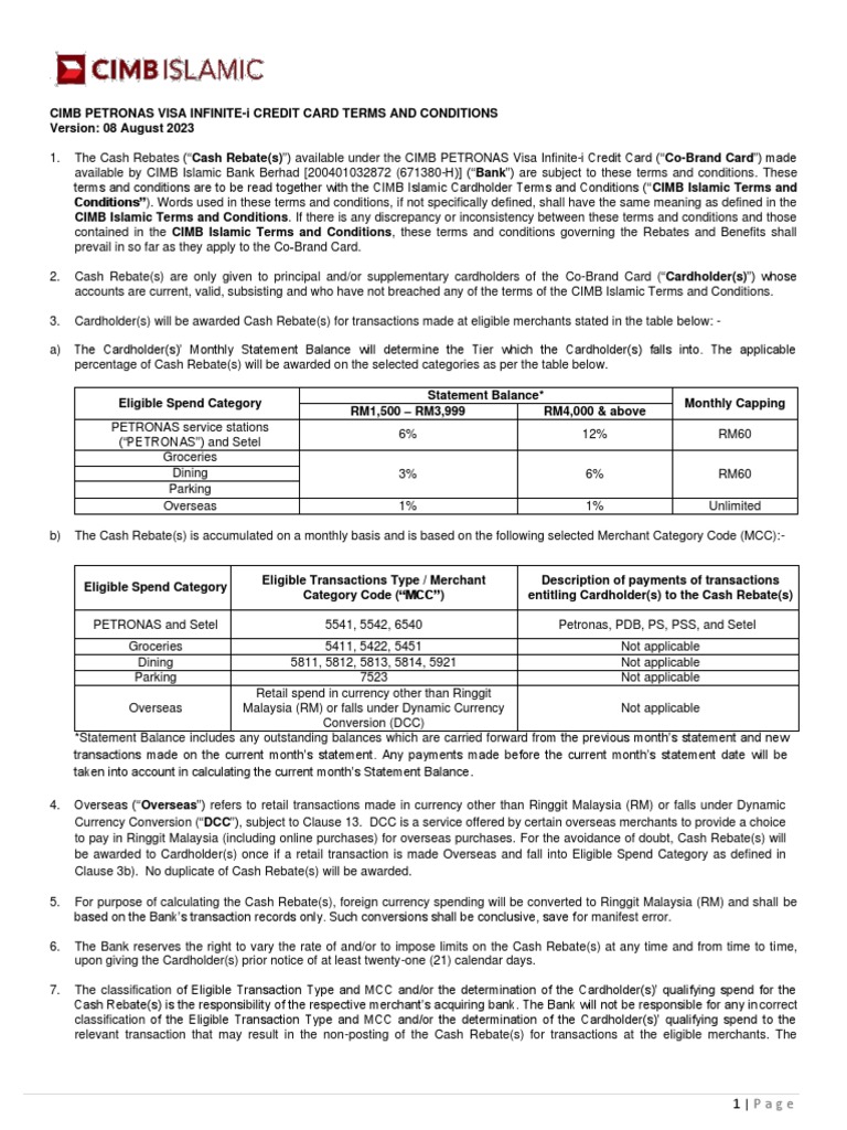Cimb Petronas Visa Infinite I TNC Eng | PDF | Credit Card | Cash