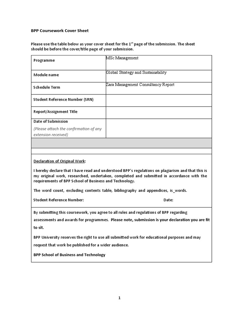 BPP Coursework Cover Sheet: (Please Attach The Confirmation of Any ...