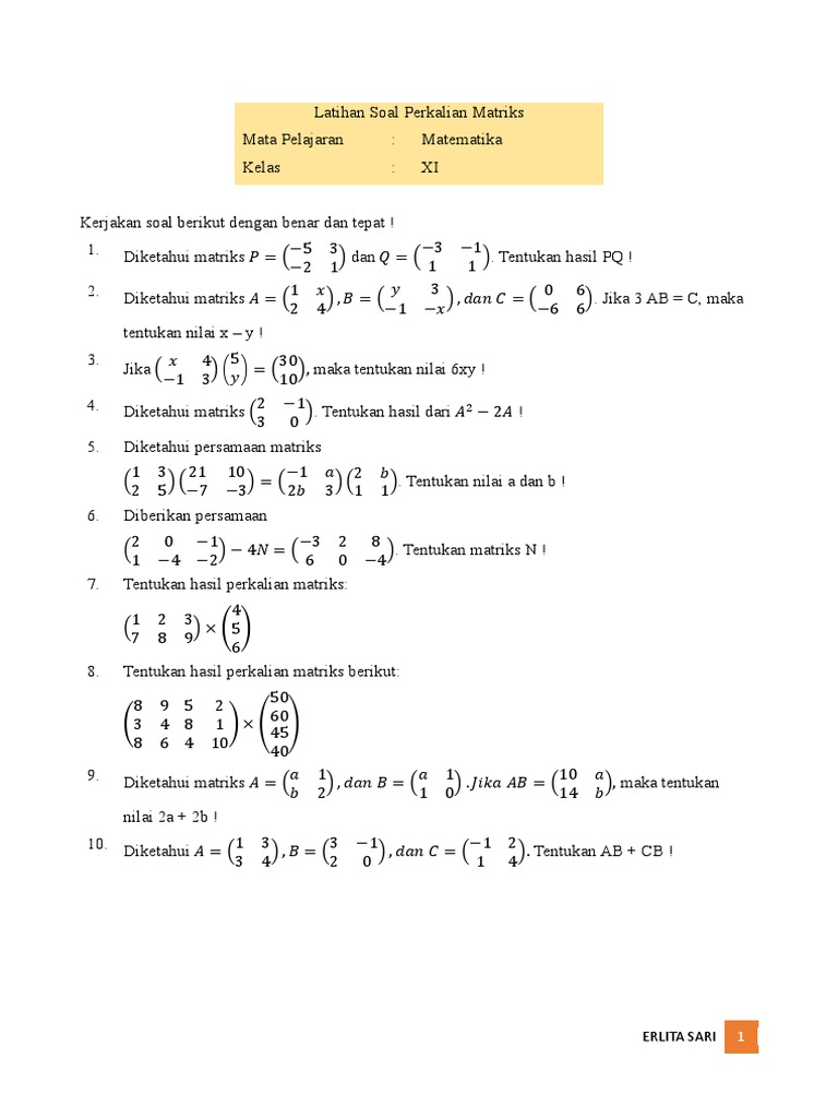 Latihan Soal Perkalian Matriks Kelas XI | PDF | Teaching Methods & Materials