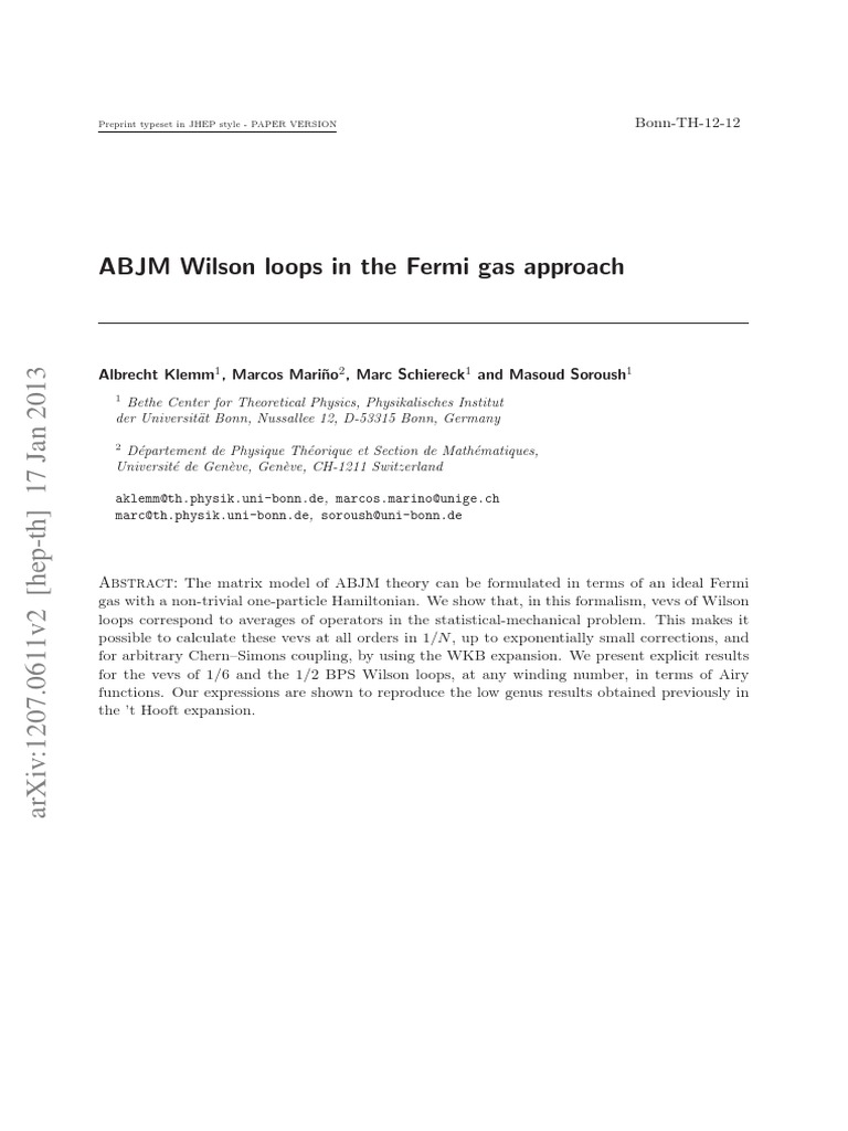 130 - Klemm, Marino, Schiereck, Soroush - ABJM Wilson Loops in The Fermi Gas Approach | PDF ...