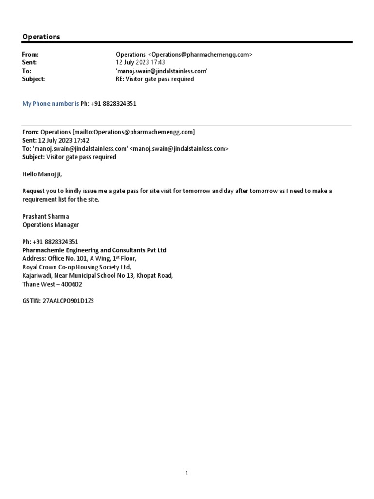 Visitor Gate Pass Request Email | PDF