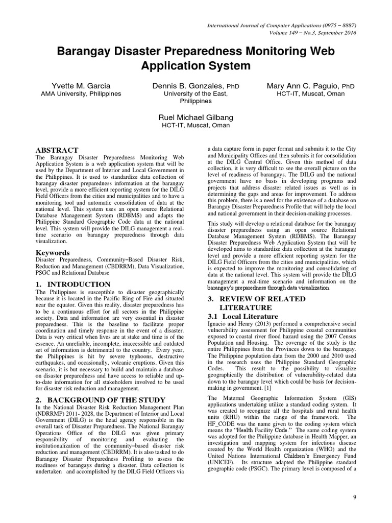 Gonzales-2016-Barangay Disaster Preparedness Monitoring Web | PDF
