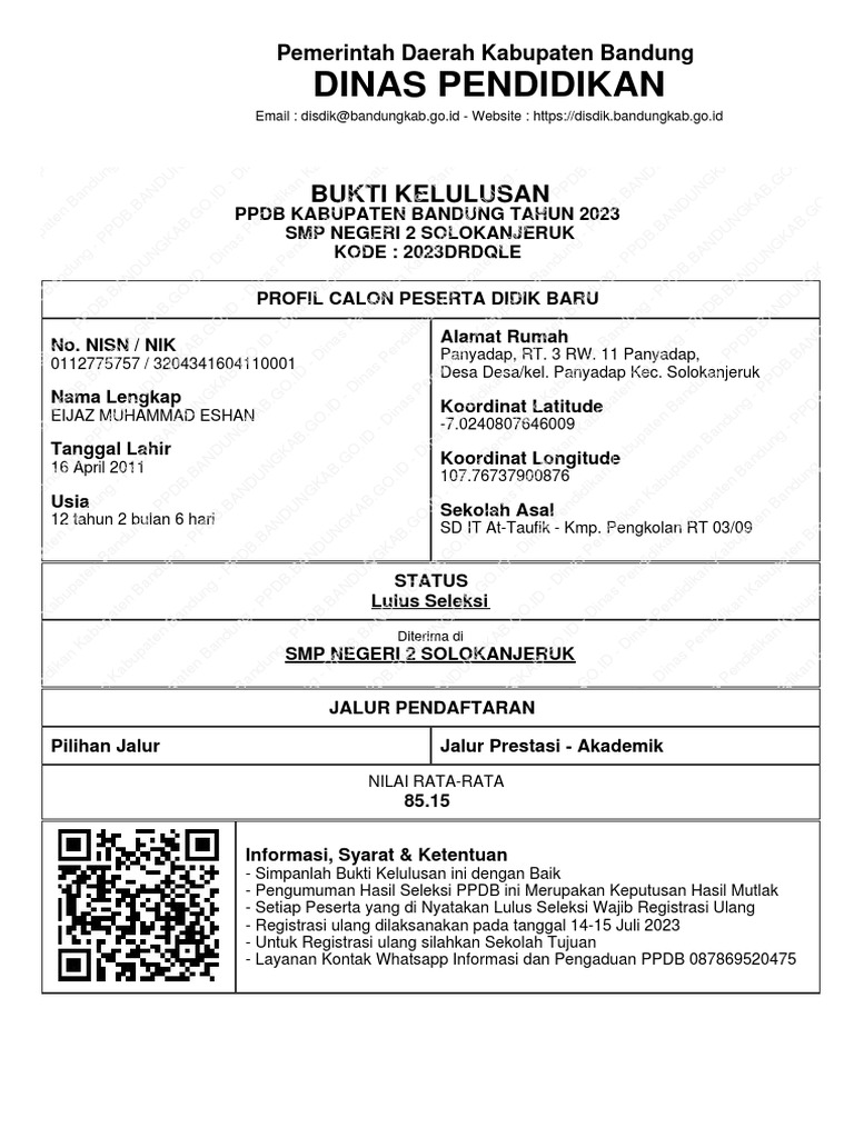 Bukti Kelulusan PPDB Tahun 2023 An. EIJAZ MUHAMMAD ESHAN (0112775757) | PDF