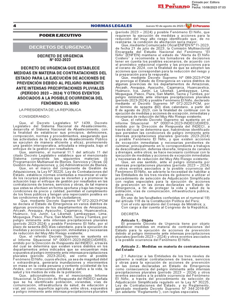 Decreto de Urgencia Que Establece Medidas en Materia de Cont Decreto de Urgencia N 032 2023 ...