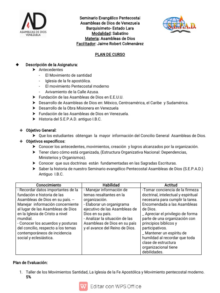 Plan de Curso Asambleas de Dios de Venezuela - Sabatino | PDF | Pentecostalismo | Iglesia Católica