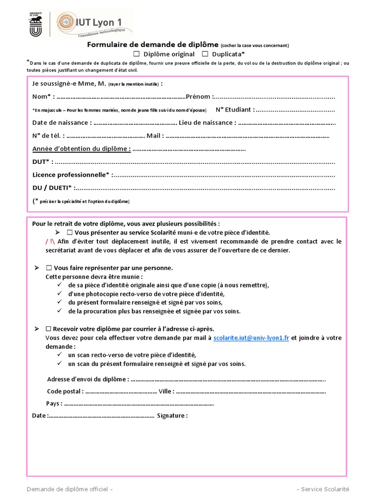 FORMULAIRE Demande Diplôme-Duplicata | PDF