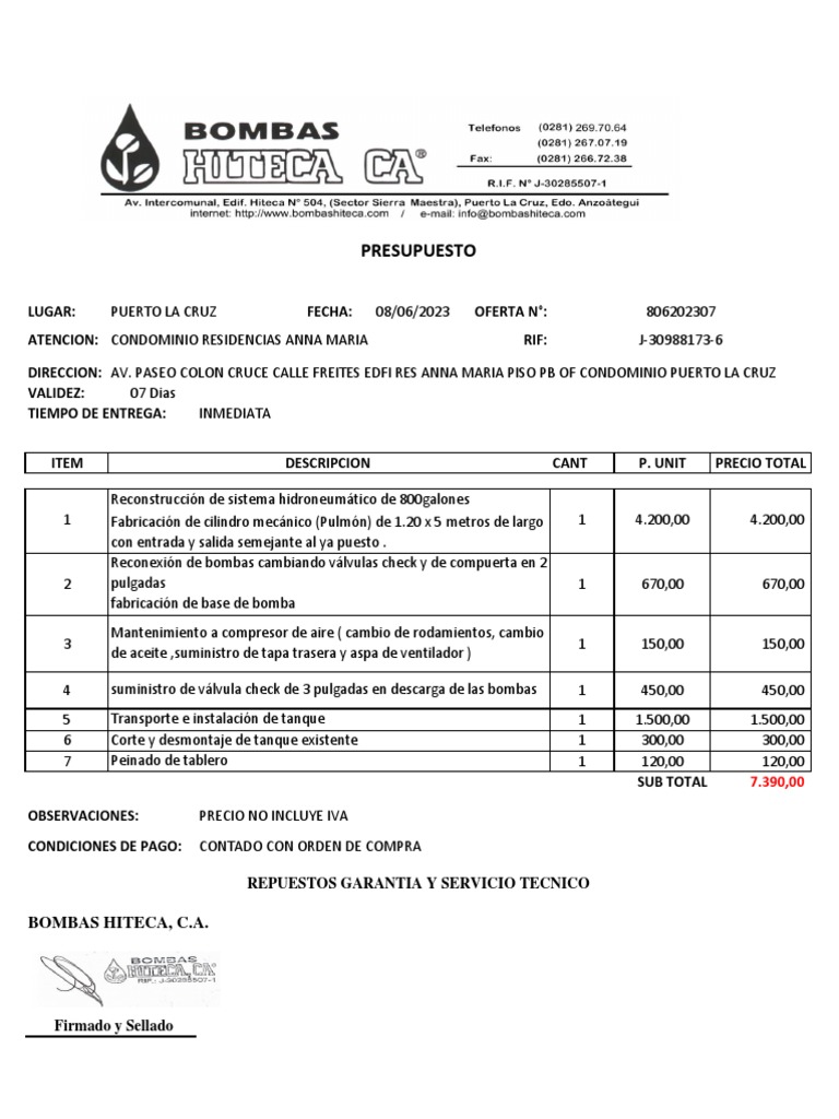 Presupuesto Condominio Residencia Anna Maria, Bombas Hiteca, 08-06-2023 ... Presupuesto Condominio Residencia Anna Maria, Bombas Hiteca, 08-06-2023 ...
