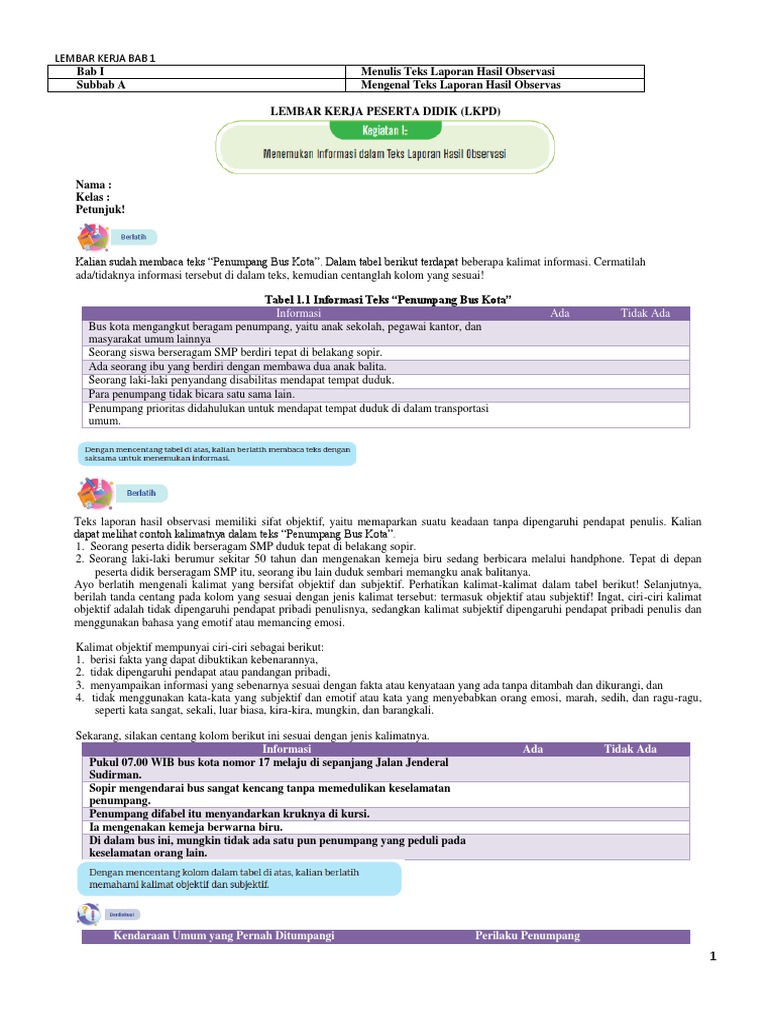 LKPD Bahasa Indonesia Kumer Bab 1 Lap Hasil Observasi (Lho) | PDF