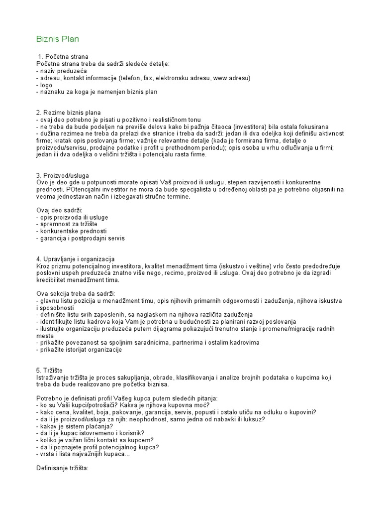 Biznis Plan-Kratki Primjer | PDF