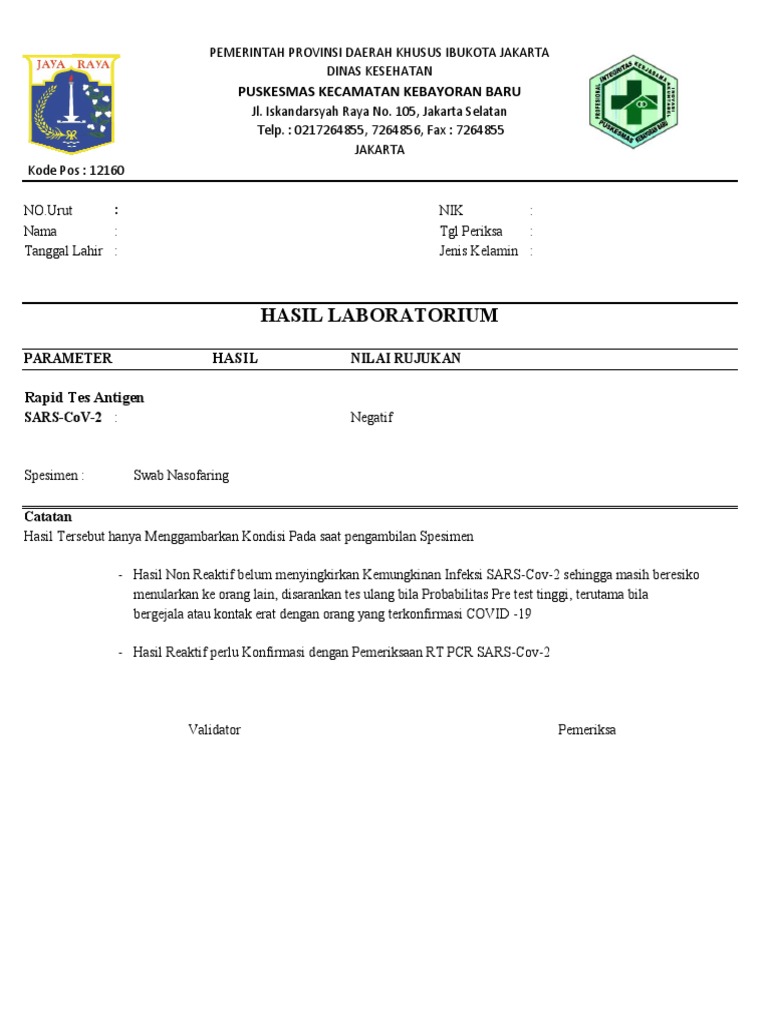 Form Surat Hasil Antigen | PDF