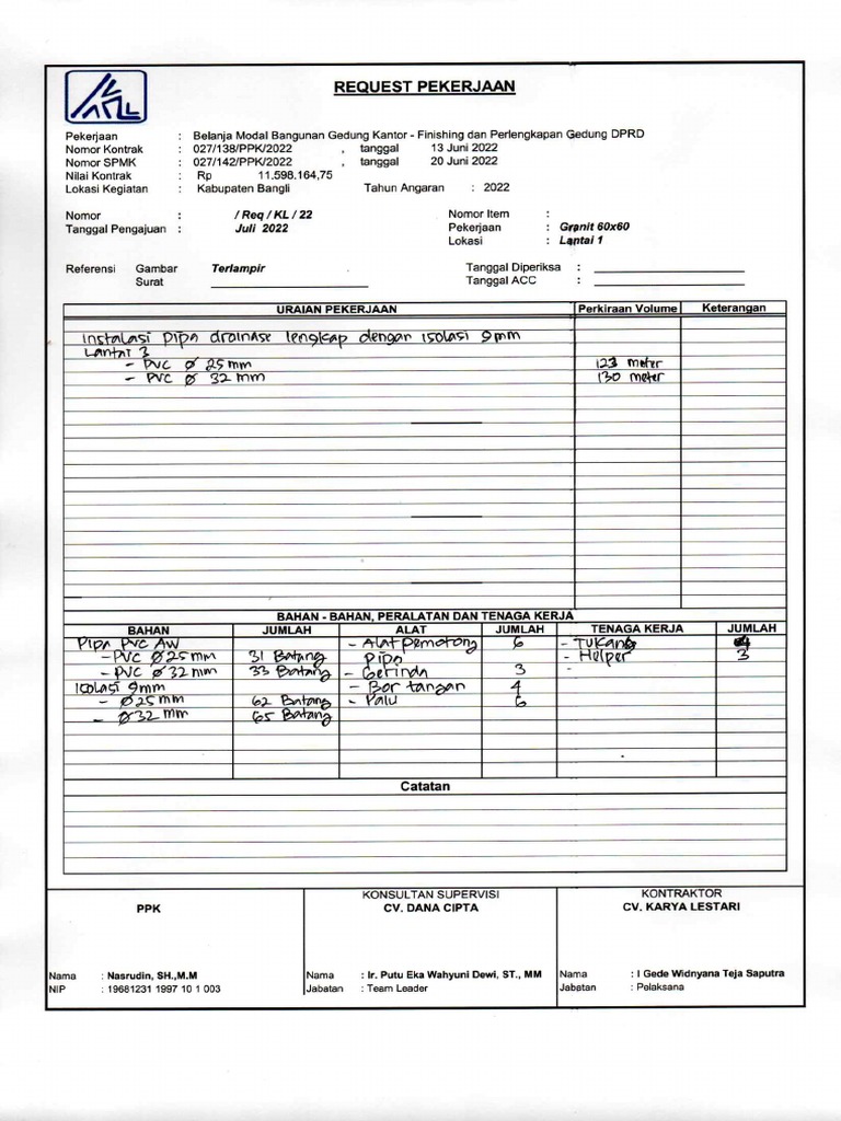 Form Request Pekerjaan Gedung DPRD | PDF
