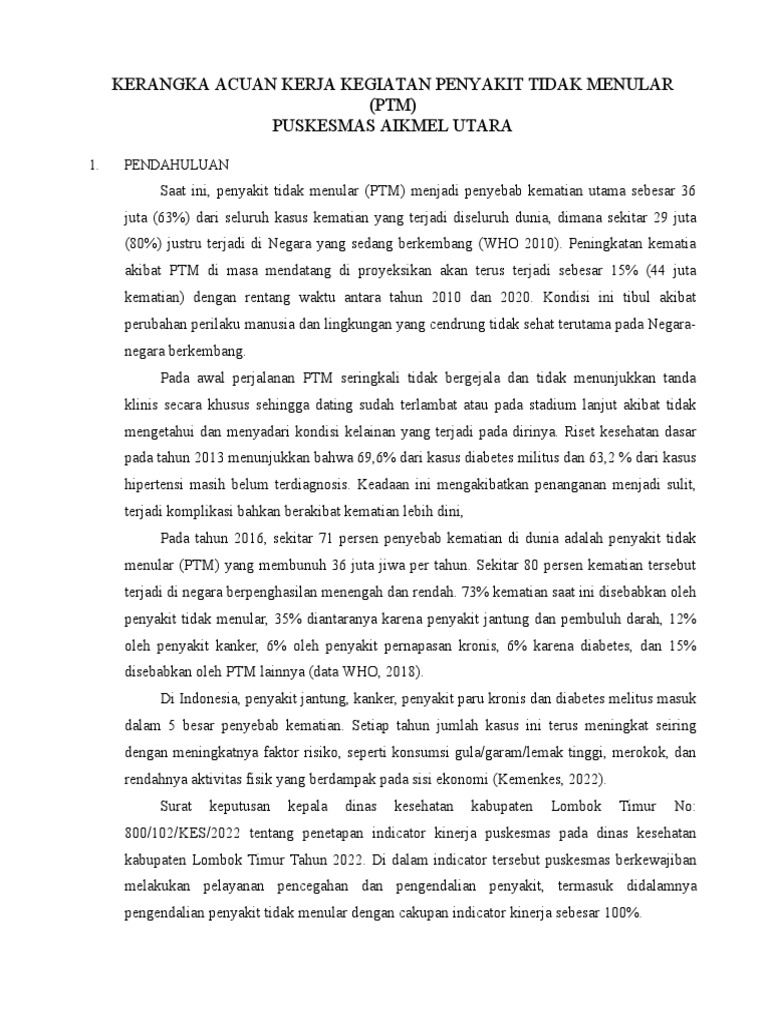 Kerangka Acuan Program PTM Puskesmas Aikmel Utara | PDF