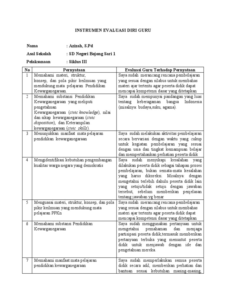 Instrumen Evaluasi Diri Guru | PDF