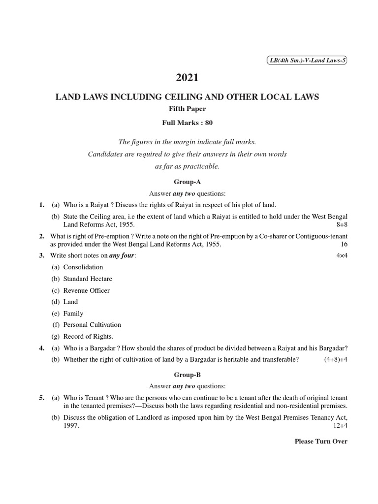 3210SEM 4 - Paper-V - LAND LAWS INCLUDING CEILING AND OTHER LOCAL LAWS ...