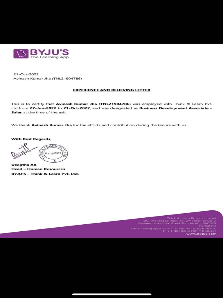 Byju's Reliving Letter | PDF
