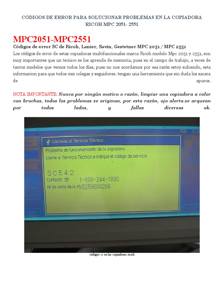 Códigos de Error para Solucionar Problemas en La Copiadora Ricoh MPC ...