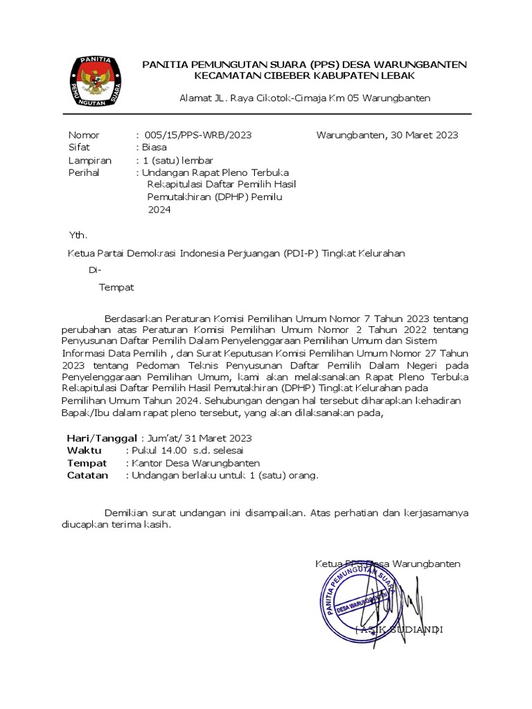 Undangan Rapat Pleno DPHP Pemilu 2024 | PDF