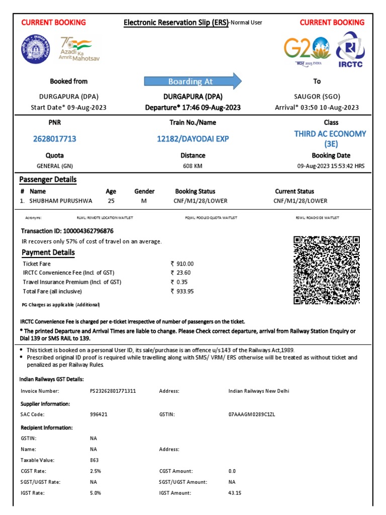 12182/DAYODAI EXP Third Ac Economy (3E) | PDF | Identity Document