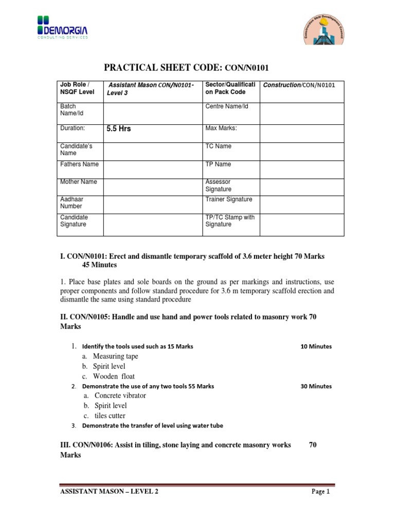 PRACTICAL EXERCISES - ASSISTANT MASON - LEVEL 3 B For TOT | PDF | Masonry | Risk