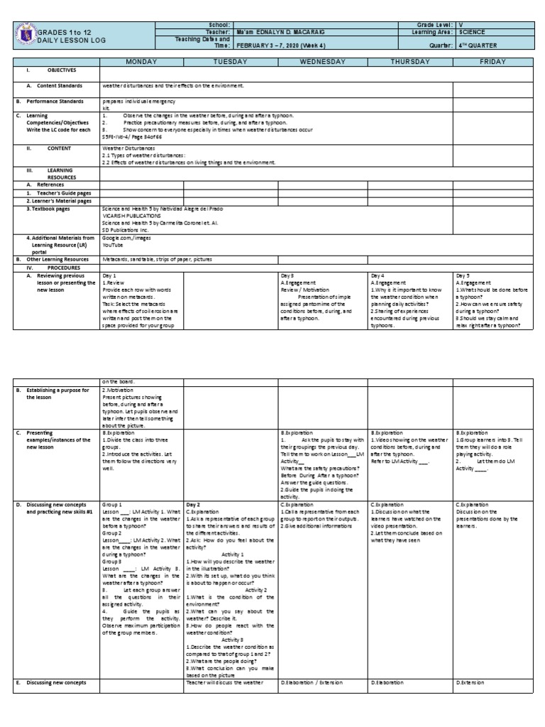 Science 5 - Q4 - W4 DLL | PDF