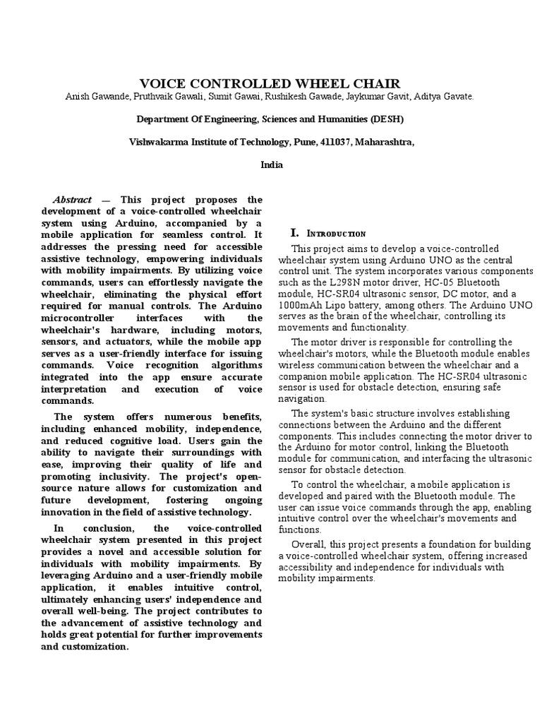 Voice Controlled Wheel Chair | PDF | Wheelchair | Arduino