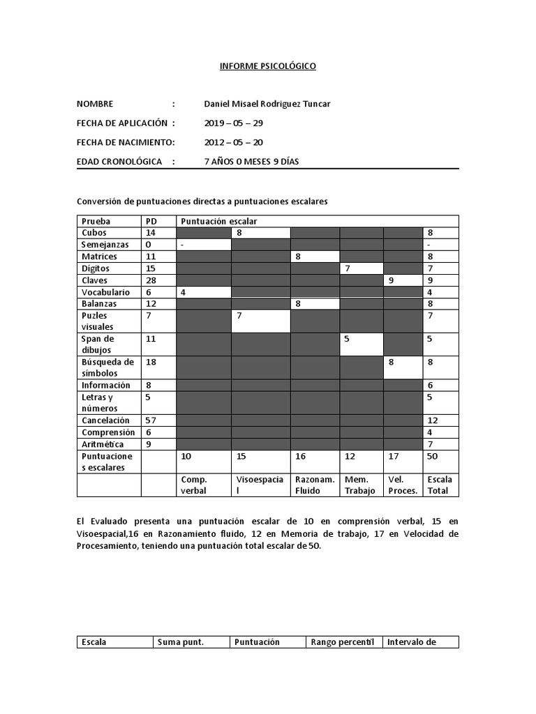 Informe Psicológico Wisc V Resumen | PDF