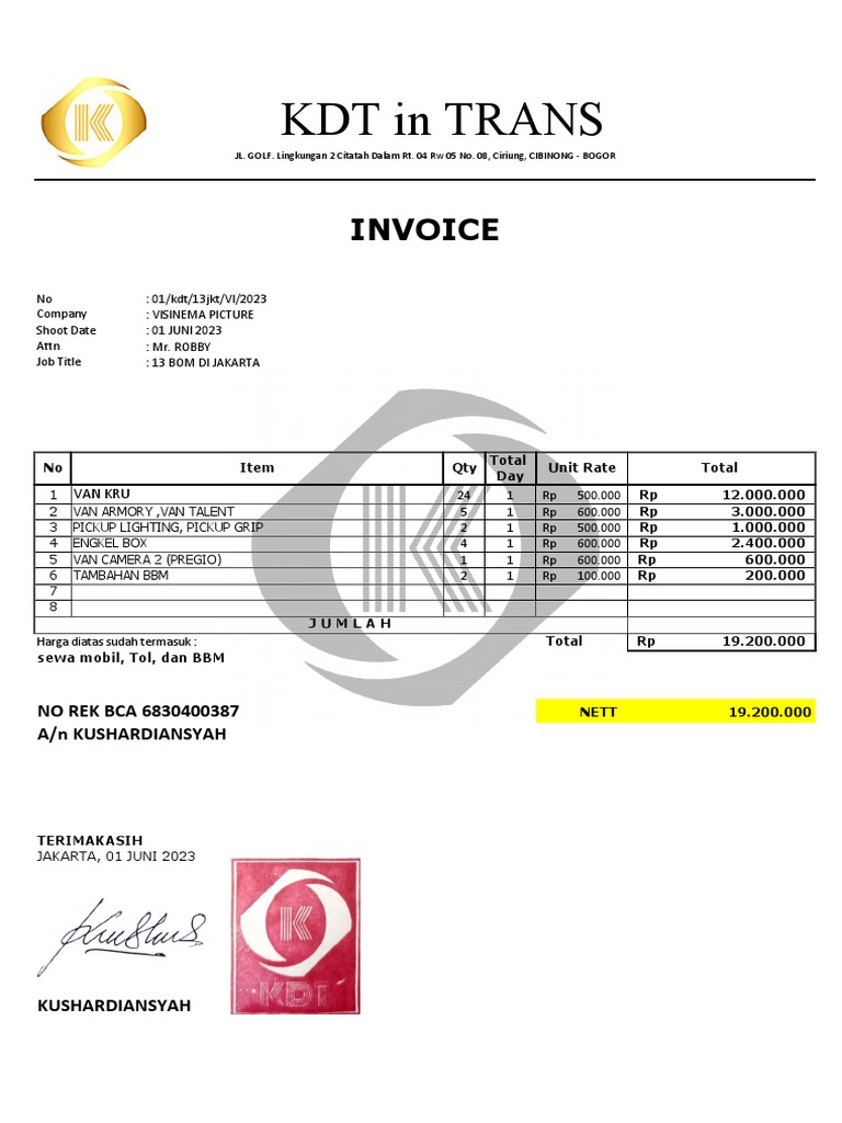 INVOICE KDT 13JKT 010623 Rev | PDF
