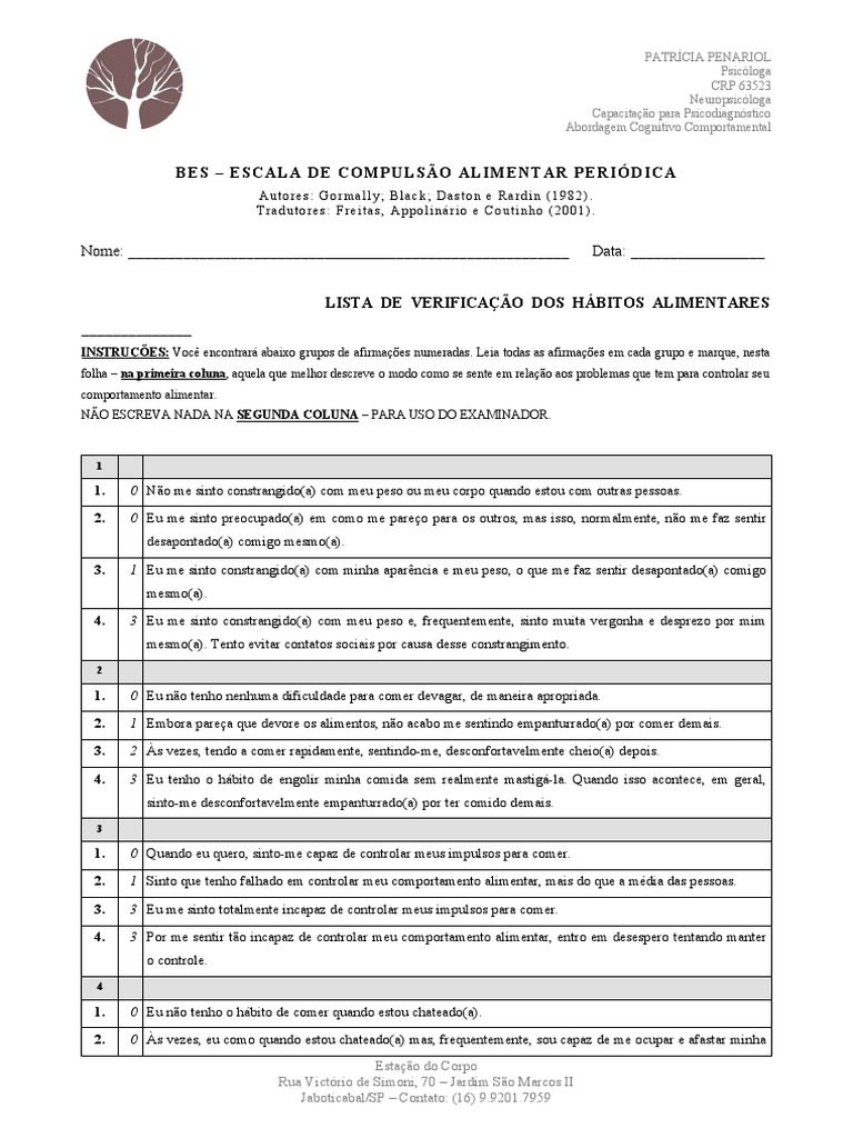 Bes - Escala de Compulsão Alimentar Periódica | Download grátis PDF ...