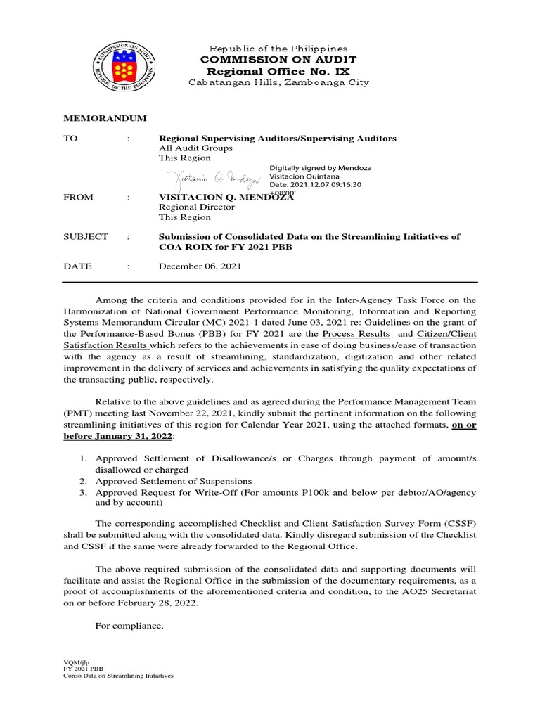 Memo Re Consolidated Data For Streamlining Initiatives, FY 2021 PBB ...